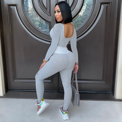 Women long sleeve  active wear one piece jumpsuit fashion patchwork rompers ladies bodycon new trendy sportswear