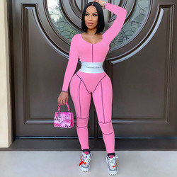 Women long sleeve  active wear one piece jumpsuit fashion patchwork rompers ladies bodycon new trendy sportswear
