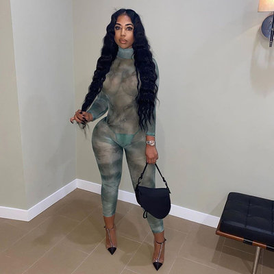 2021 New Women'S High Neck Long Sleeve sportswear Sexy Mesh See-Through Printed Jumpsuit  one piece yoga set