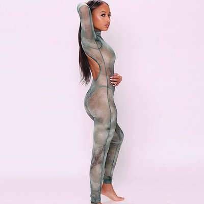 2021 New Women'S High Neck Long Sleeve sportswear Sexy Mesh See-Through Printed Jumpsuit  one piece yoga set