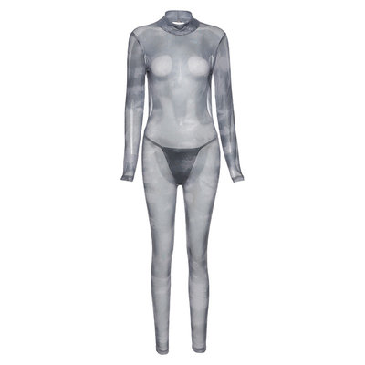 2021 New Women'S High Neck Long Sleeve sportswear Sexy Mesh See-Through Printed Jumpsuit  one piece yoga set