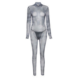 2021 New Women'S High Neck Long Sleeve sportswear Sexy Mesh See-Through Printed Jumpsuit  one piece yoga set