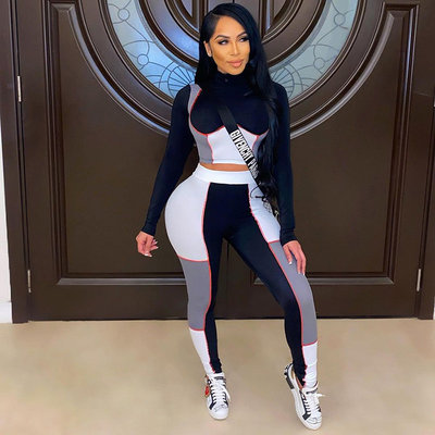 Women spring fitness Clothing 2 Pieces yoga Set ladies Jogging sports Suits long sleeve Sportswear patchwork Tracksuits