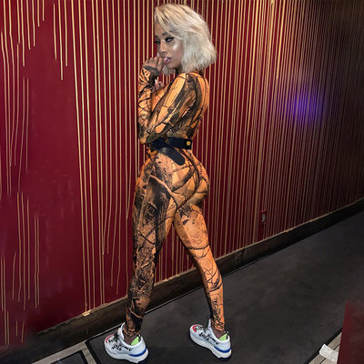 2021 New Style One Piece Jumpsuits Women Sexy Printing front zipper Long yoga Pants One Piece sportswear