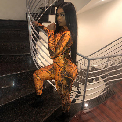 2021 New Style One Piece Jumpsuits Women Sexy Printing front zipper Long yoga Pants One Piece sportswear
