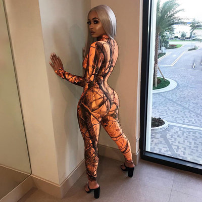 2021 New Style One Piece Jumpsuits Women Sexy Printing front zipper Long yoga Pants One Piece sportswear