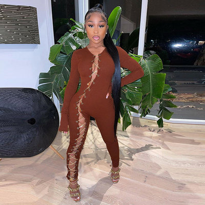 Wholesale hot sales new design sexy hollow out bandage nightclub apparel women one piece jumpsuits fitness clothes