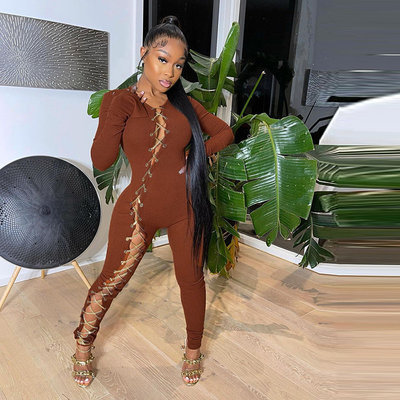 Wholesale hot sales new design sexy hollow out bandage nightclub apparel women one piece jumpsuits fitness clothes