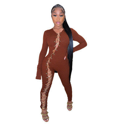 Wholesale hot sales new design sexy hollow out bandage nightclub apparel women one piece jumpsuits fitness clothes