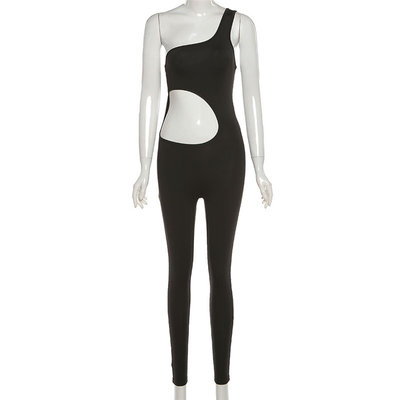 ladies new summer high waist gym wear one shoulder hollowed-out tight sportswear one piece casual jumpsuits