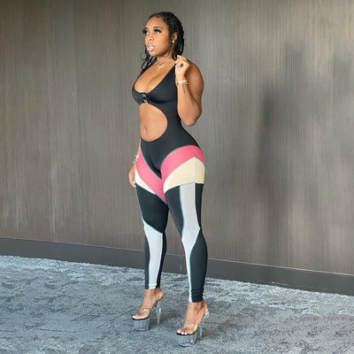 female summer new personality reverse wear design hollow out one piece yoga sets patchwork color jumpsuits