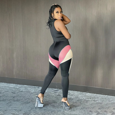 female summer new personality reverse wear design hollow out one piece yoga sets patchwork color jumpsuits
