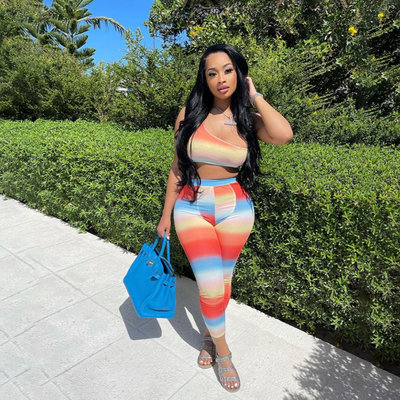 2021 women summer new stripe gym wear one shoulder sleeveless thin vest  fashion two pieces sportswear casual fitness swimwear
