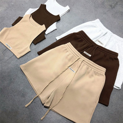 2022 Summer Women fitness New Solid Color Slim Sleeveless running Vest Loose Straight Casual Shorts yoga sport Suit