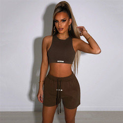 2022 Summer Women fitness New Solid Color Slim Sleeveless running Vest Loose Straight Casual Shorts yoga sport Suit