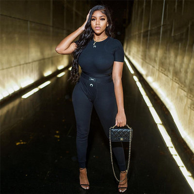 Fashion trend new embroidery pattern slim short sleeve top high waist tight trousers sports suit women