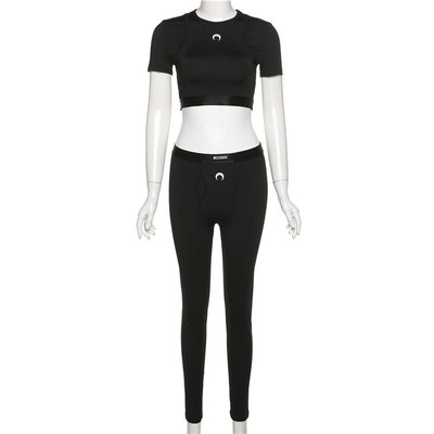 Fashion trend new embroidery pattern slim short sleeve top high waist tight trousers sports suit women