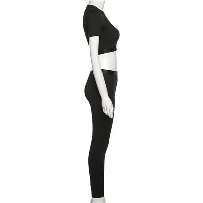 Fashion trend new embroidery pattern slim short sleeve top high waist tight trousers sports suit women