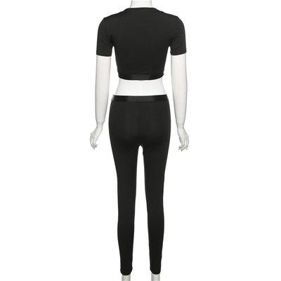 Fashion trend new embroidery pattern slim short sleeve top high waist tight trousers sports suit women
