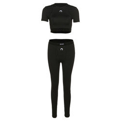 Fashion trend new embroidery pattern slim short sleeve top high waist tight trousers sports suit women