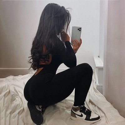 Fashion Women Sexy Backless sportswear Long Sleeve One Piece Bodycon ladies solid color Jumpsuit girls clothing