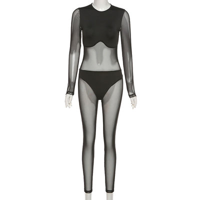 2021 New spring Sexy Women Mesh Patchwork Jumpsuits Long Sleeve Black  Bodycon One Piece sports set in stock