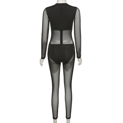 2021 New spring Sexy Women Mesh Patchwork Jumpsuits Long Sleeve Black  Bodycon One Piece sports set in stock