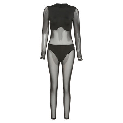 2021 New spring Sexy Women Mesh Patchwork Jumpsuits Long Sleeve Black  Bodycon One Piece sports set in stock