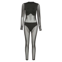 2021 New spring Sexy Women Mesh Patchwork Jumpsuits Long Sleeve Black  Bodycon One Piece sports set in stock