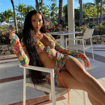 ladies print crop tops long sleeve drawstring two-piece bathing suit buttocks-packed short floral lace-up swimwear