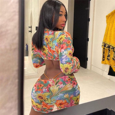 ladies print crop tops long sleeve drawstring two-piece bathing suit buttocks-packed short floral lace-up swimwear