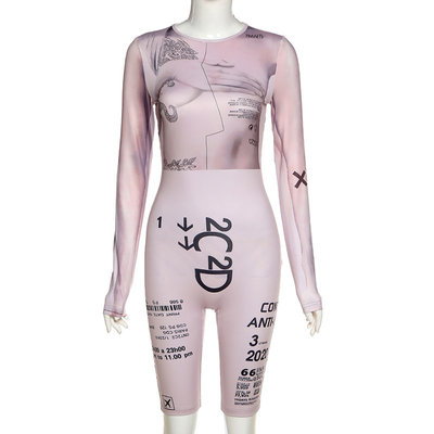 new autumn 2020 High Waist Skinny print Romper Short yoga set back Zipper Long Sleeve Sportswear One Piece Jumpsuit