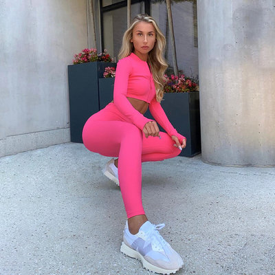 ladies stand Collar sportswear Long Sleeve Seamless Activewear front Zipper Tops And Yoga pants Set girls clothing