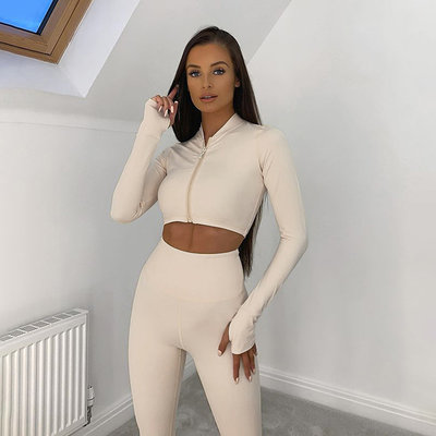 ladies stand Collar sportswear Long Sleeve Seamless Activewear front Zipper Tops And Yoga pants Set girls clothing