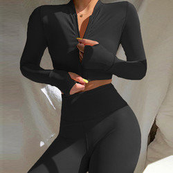 ladies stand Collar sportswear Long Sleeve Seamless Activewear front Zipper Tops And Yoga pants Set girls clothing