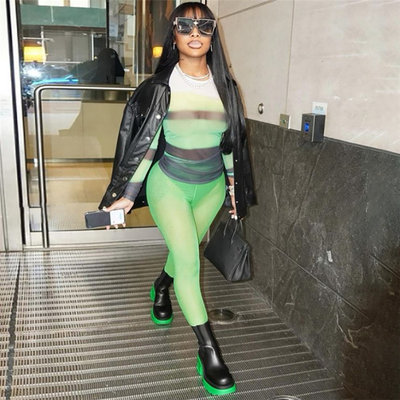 Wholesale Custom Women Transparent Sexy sports Set Mesh Perspective Printed High Waist Tight Casual Outdoor sport suit ems