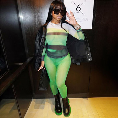 Wholesale Custom Women Transparent Sexy sports Set Mesh Perspective Printed High Waist Tight Casual Outdoor sport suit ems