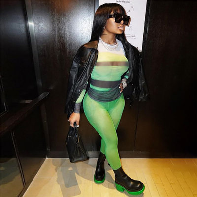 Wholesale Custom Women Transparent Sexy sports Set Mesh Perspective Printed High Waist Tight Casual Outdoor sport suit ems