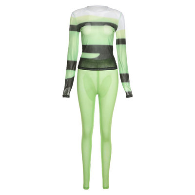 Wholesale Custom Women Transparent Sexy sports Set Mesh Perspective Printed High Waist Tight Casual Outdoor sport suit ems