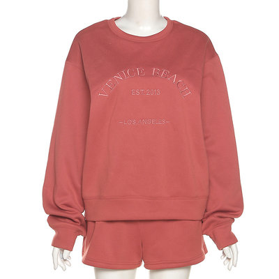 Wholesale Custom Women Fleece Thickened Loose Embroidered Long Sleeved Sweater Shorts sports Set Ladies Workout Sportswear