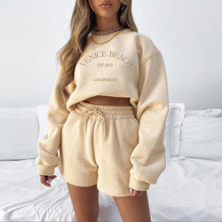 Wholesale Custom Women Fleece Thickened Loose Embroidered Long Sleeved Sweater Shorts sports Set Ladies Workout Sportswear