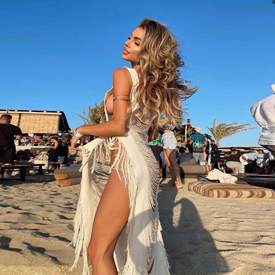 Wholesale Custom Women Sexy Hollow out Sling Knitted Solid Color High Waist Ladies Fitness clothes Outdoor casual tassel Dress