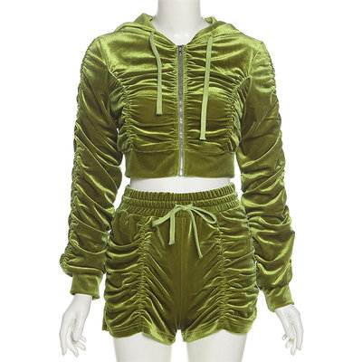 Wholesale Custom Women two pieces Yoga Set Pleated Hooded Velvet Top Sexy casual Shorts Ladies Workout Sportswear