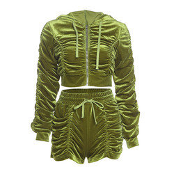 Wholesale Custom Women two pieces Yoga Set Pleated Hooded Velvet Top Sexy casual Shorts Ladies Workout Sportswear