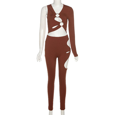 Wholesale Custom Sexy Hollow Out Button One Shoulder Bodysuit Casual yoga Pants Ladies Workout fitness clothes