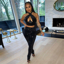 Wholesale Custom Women Ruched Butt Sexy Sleeveless Halter Top Casual Lace Up Pants Suit Ladies Workout Sportswear