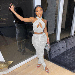 Wholesale Custom Women Ruched Butt Sexy Sleeveless Halter Top Casual Lace Up Pants Suit Ladies Workout Sportswear