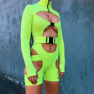women Sexy romper long sleeve jumpsuit ladies casual autumn hollow out short bodycon fashion waistband streetwear