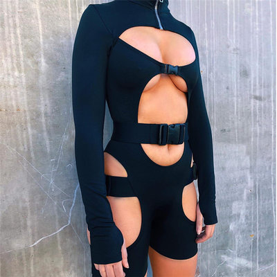 women Sexy romper long sleeve jumpsuit ladies casual autumn hollow out short bodycon fashion waistband streetwear