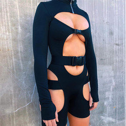 women Sexy romper long sleeve jumpsuit ladies casual autumn hollow out short bodycon fashion waistband streetwear